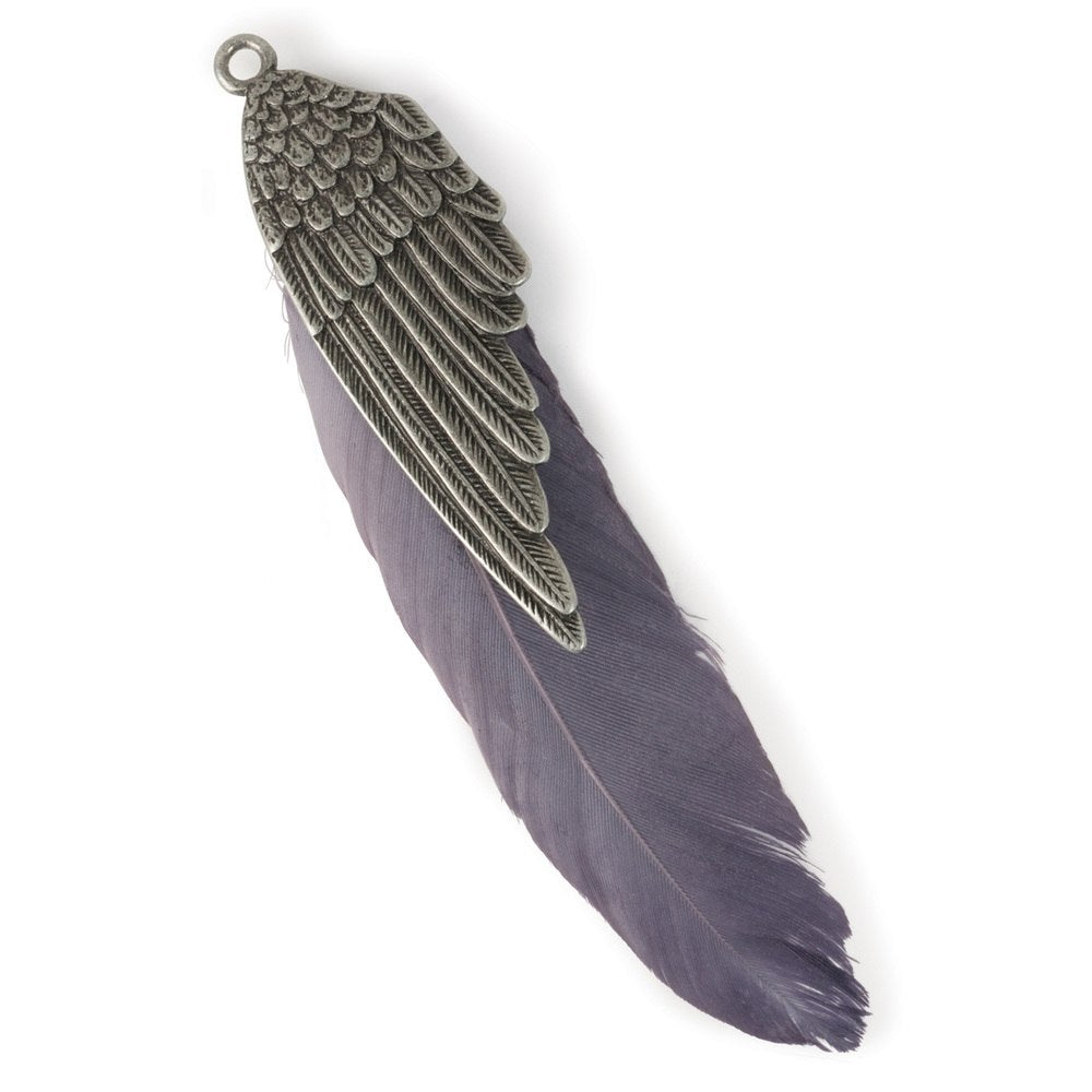 Solid Oak: Wing Pendant with Real Feather